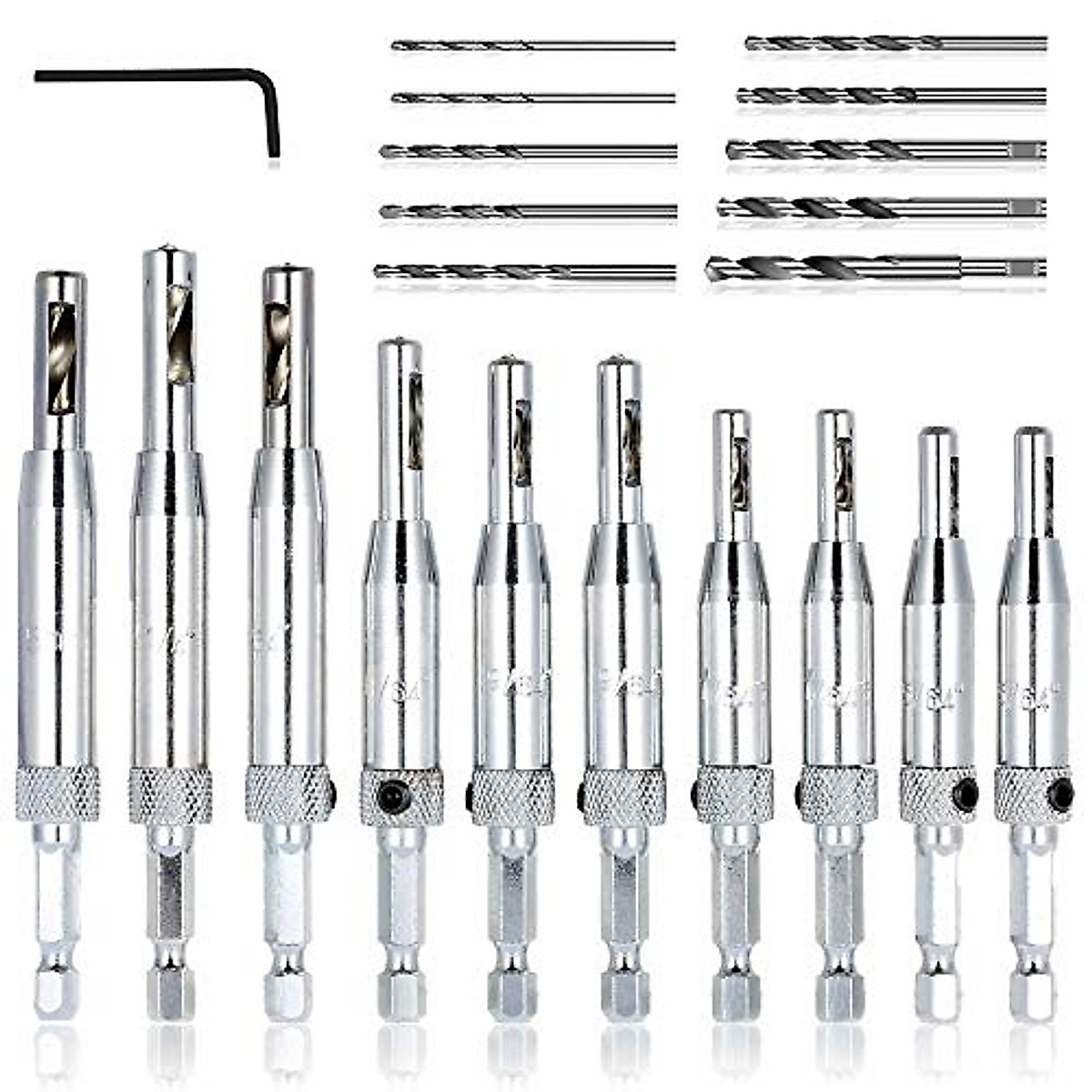 21 pcs Center Drill Bit Set, AFUNTA Self Centering Hinge Tapper Core Hole Puncher 5/64'' 7/64'' 9/64'' 11/64'' 13/64'' 5mm 1/4'' & 1 Pcs Hex Key & 10 Pcs Replacement Drill Bits