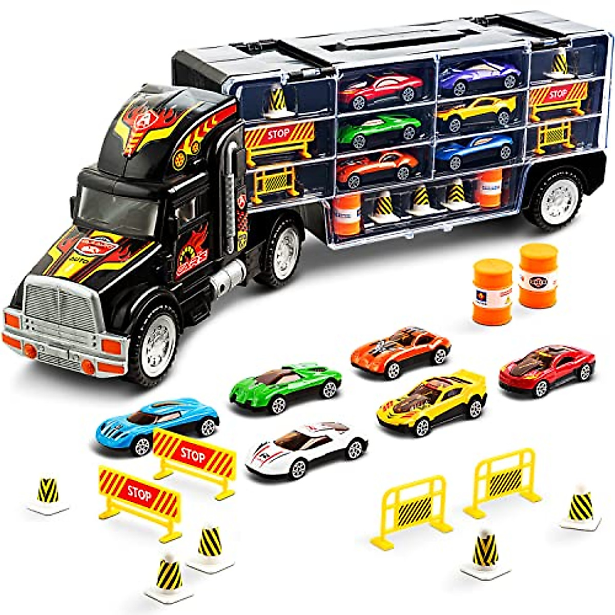 Toy Truck Transport Car Carrier Toy for Boys and Girls Age 3-10 yrs Old - Hauler Truck Includes 6 Toy Cars and Accessories - Car Truck Fits 28 Car Slots - Ideal Gift for Kids