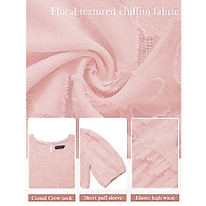 MEROKEETY Summer Dress for Women Elegant Smocked Short Puff Sleeve Floral Solid Midi Maxi Dresses,Pink,L