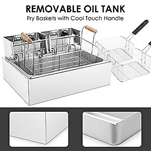 TANGME Commercial Deep Fryer, 3400w Electric Deep Fryer with 3 Baskets, 22L/23.25QT 1mm Thickened Stainless Steel Countertop Oil Fryer with Temperature Limiter for Restaurant and Home Use