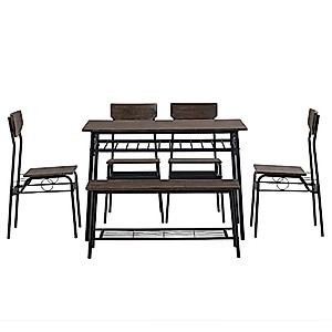 Rectangular Dining Table & Chair Set of 6 w/ Storage Space, Dining Room Set w/ 1 Table, 1 Bench & 4 Chairs for 6, Table Set w/ MDF Tabletop & Iron Frame, for Dining Room, Bistro, Home Bar, Kitchen