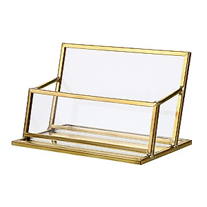 Hipiwe Glass Business Card Holder Stand - Vintage Gold Metal Name Card Display Stand Office Desktop Countertop Business Card Organizer