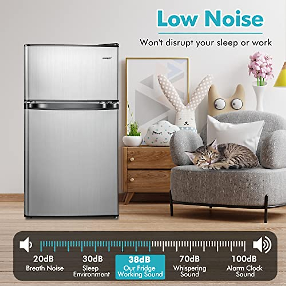 COSTWAY Compact Refrigerator, 3.2 Cu.Ft. Fridge Freezer Compartment with Reversible 2 Door, Adjustable Thermostat, Removable Glass Shelves, Mini Refrigerator for Bedroom Dorm Apartment Office, Silver