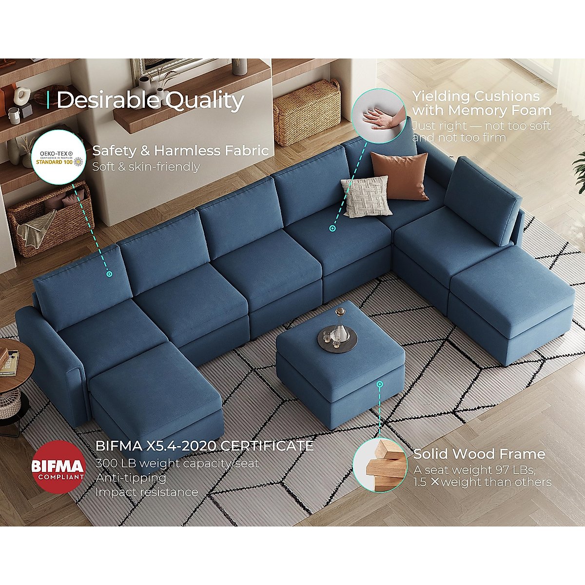 LINSY HOME Modular Sectional Sofa, Oversized Sectional Couch with Storage, Ottomans, Modular Sectional Sleeper Sofa with Memory Foam, 9 Seat U Shape Sofa Set for Living Room, Blue