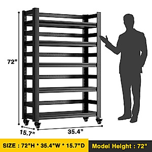 Garage Storage Shelves with Wheels 72" H Metal Garage Shelving Unit 2150lbs Heavy Duty Adjustable Utility Rack Industrial Shelving Organizer for Warehouse Basement, 15.8" D x 35.5" W x 72" H, Black…