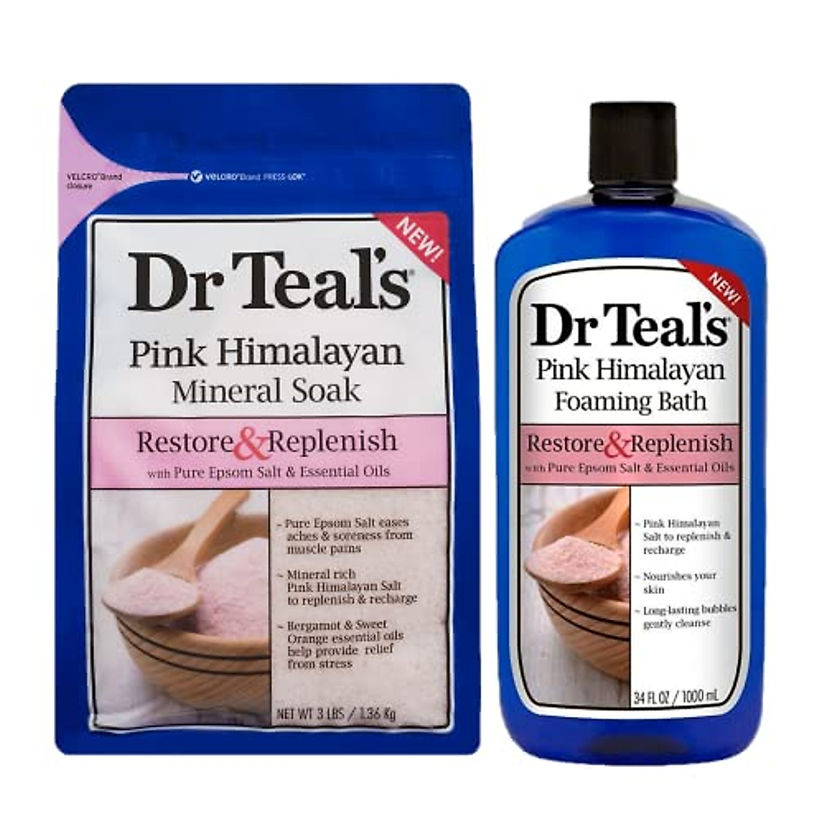 Dr. Teals Pink Himalayan Foam Bath & Soak Mothers Day Gift Set (2 Pack, 82oz Total) - Restore & Replenish Pink Himalayan Salt Blended with Pure Epsom Salt - 3lb Soak, 34oz Foam Bath - at Home Spa Kit
