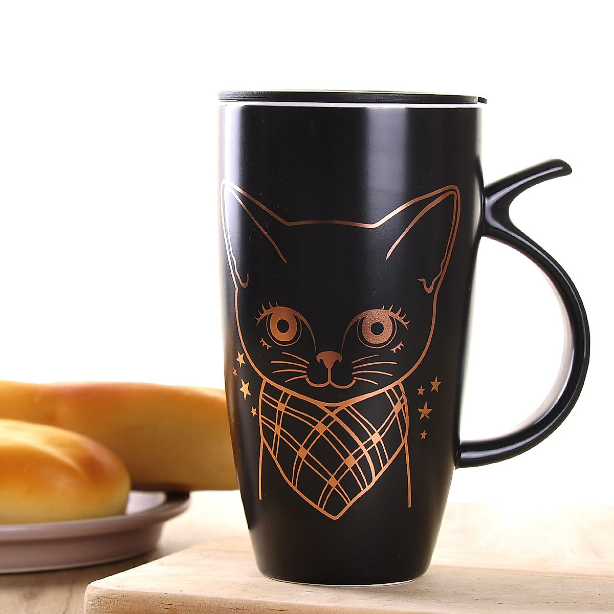 WHJY 20oz Large Black Cute Cat Ceramic Coffee Mug Cup with Splash-proof Lid, Cat Tail Shape Handle, Animal Cat Mug Tumbler (black)