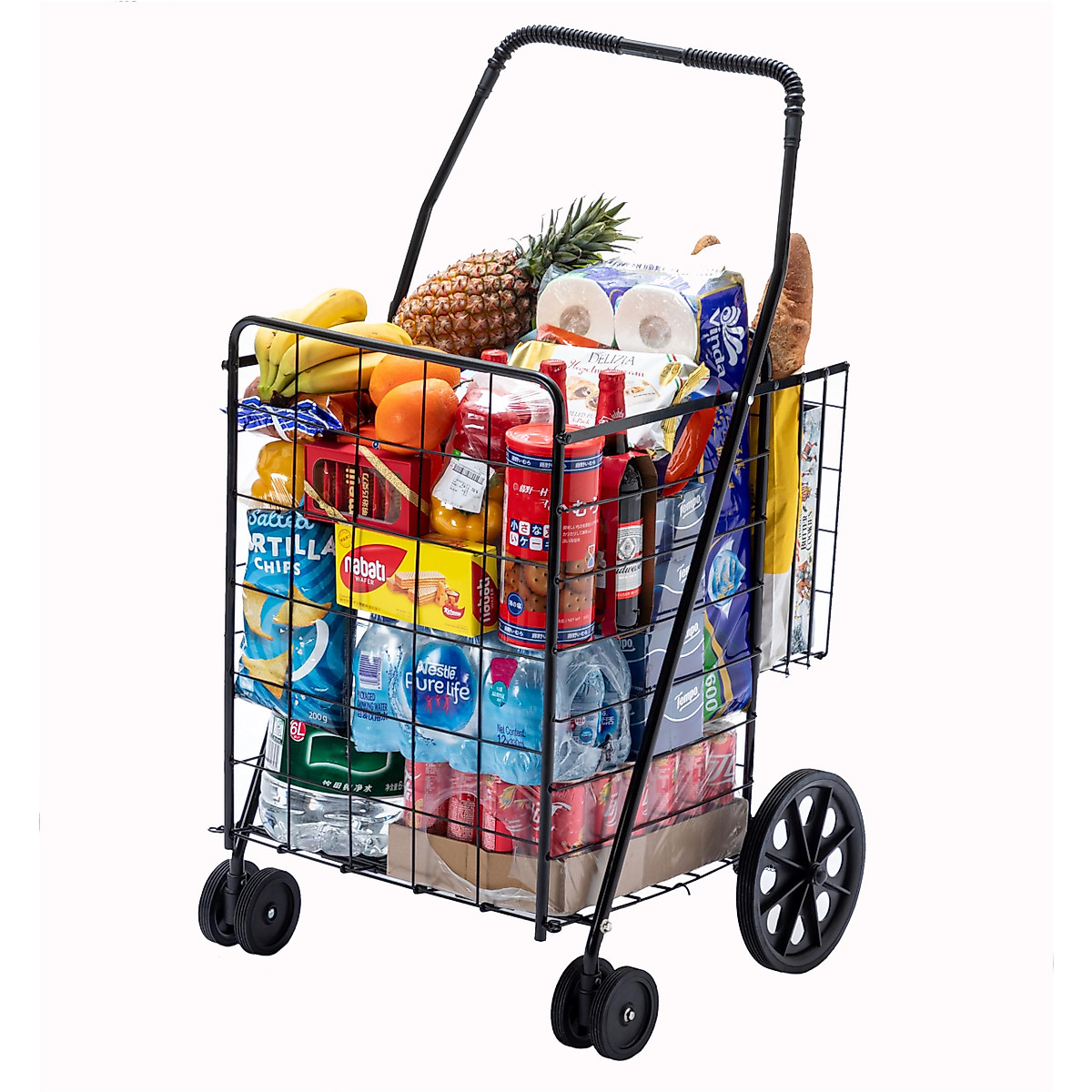Lehboson Jumbo Folding Shopping Cart,Collapsible Shopping cart with Double Basket and 360-Degree Wheels, Utility Cart for Grocery Laundry Book Luggage Travel （Black）