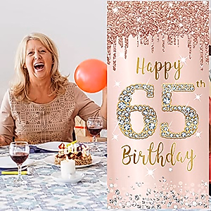 65th Birthday Decorations Door Banner for Women, Pink Rose Gold Happy 65 Birthday Backdrop Party Supplies, 65 Year Old Birthday Poster Door Cover Sign Decor