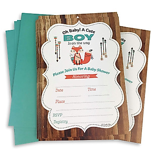 Baby Shower Invitations Woodland, Little Fox for Baby boy Shower. Set of 25 Full Color Invitations Include 25 envelopes. Quality & Heavy 14 pt. Paper Matte 5" x 7" with A7 White envelopes Included.