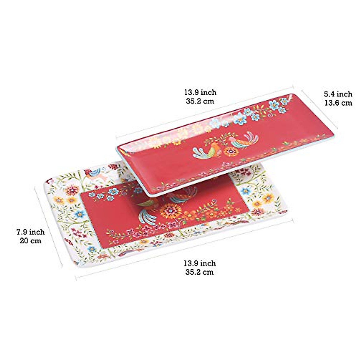 Bico Red Spring Bird Ceramic 14 inch Rectangular Serving Platter, Set of 2, for Serving Salad, Pasta, Cheese, Ham, Appetizer, Microwave & Dishwasher Safe