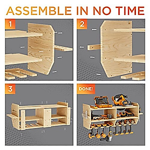 ESPAZZIO Power Tool Organizer Wall Mount w/ Magnetic Holder, Slots - Easy Installation Cordless Drill Storage Wood – Large Capacity Garage Holds Drills, Tools, & More Rack