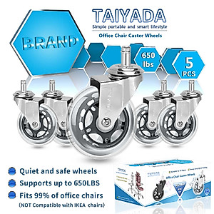 TAIYADA Silver Office Chair Wheels Replacement for Hardwood Floors and Carpet, Rubber Casters no Noise Safe Rolling, Set of 5 Heavy Duty Rollerblade Casters Fits 99% Office Chairs