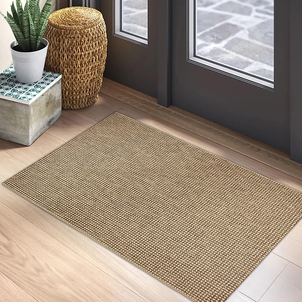 EARTHALL Boho Area Rug 2x3 Ft Washable Rugs for Entryway Braided Throw Rugs with Rubber Backing Door Mat Indoor Outdoor Entrance Small Cotton Woven Carpet for Kitchen Foyer Front Door, Tan/Brown