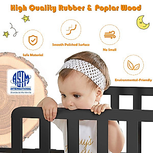 HONEY JOY Toddler Bed Frame, Solid Rubber Wood Frame w/Safety Guardrail, Fits Crib Full Size Mattress (Not Included), Children Classic Sleeping Bedroom Furniture for Kids Boys Girls (Black)