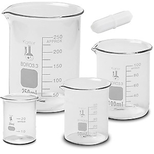 Glass Low Form Beaker Set with 1 inch Magnetic Stir Bar, Borosilicate Glass, 4 Sizes - 20, 50, 100, 250ml, Karter Scientific 233T2