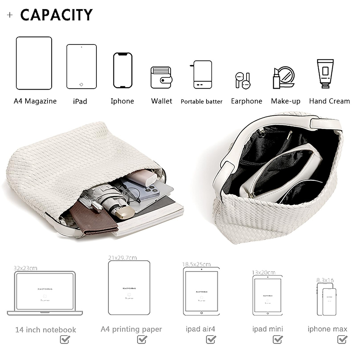 JINMANXUE Women Boston Bag Woven Vegan Leather Handbags Female Satchel Messenger Bag Fashion Shoulder Bag Casual Hobo (Off white)