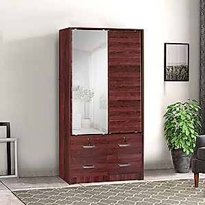 Better Home Products Sarah Double Sliding Door Armoire with Mirror in Mahogany