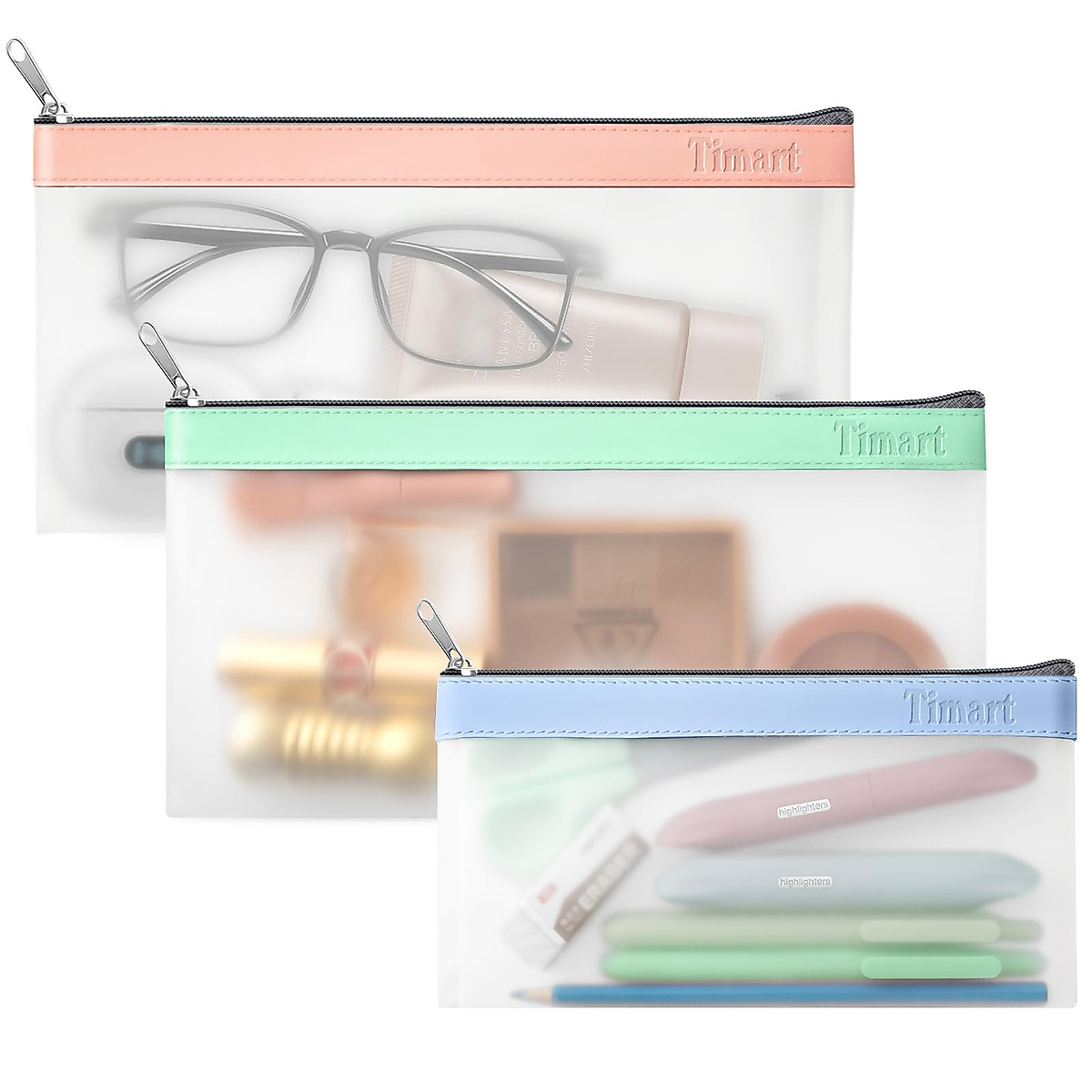 Timart Clear Pencil Pouch-3 Pack(2 Large+1 Small), Clear Pencil Case Large, Pen Holder with Zipper for Kids, Clear Makeup Pouch, Kids Pencil Pouch for Office School Supplies Makeup Travel Accessories