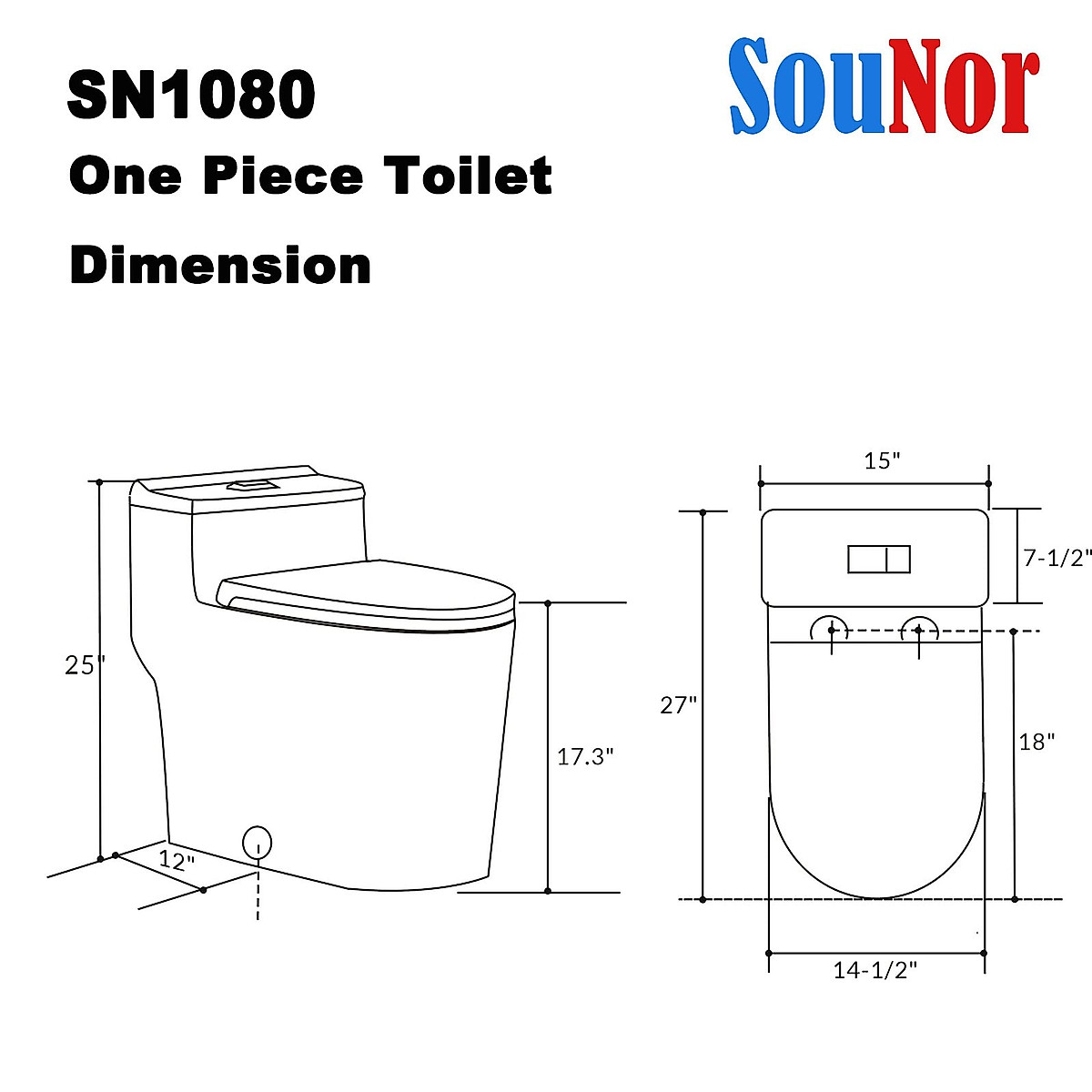 SouNor Matte Black One Piece Toilet Dual Flush 1/1.5 GPF Elongated U Shaped 17.3" Tall Bowl Comfortable For Seniors Elderly Modern 12" rough-in (SN1080B)