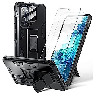 HATOSHI Samsung Galaxy S20 FE 5G Case with 2 Pack Glass Screen Protector+ 2 Pack Camera Lens Protector, [Military Shockproof] Magnetic Ring Kickstand Protective Phone Cover for Samsung S20 FE, Black