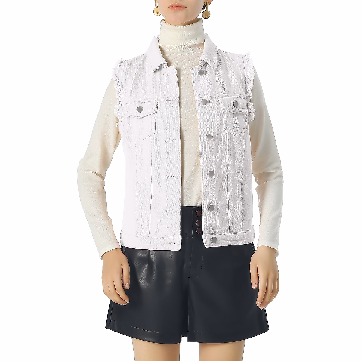 ebossy Women's Candy Color Slim Fit Sleeveless Distressed Denim Jean Vest Jacket (Large, White)