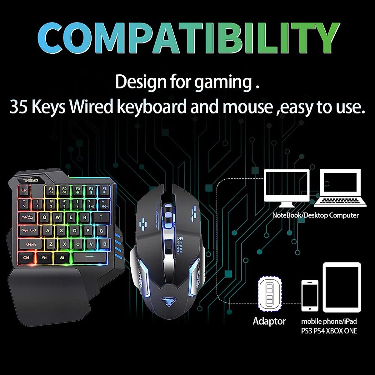 7KEYS One-Handed Gaming Keyboard RGB Backlit, 35 Keys Ergonomic Mini Keyboard with Wrist Rest, Half Keyboard for PC Gaming (Keypad Set B)