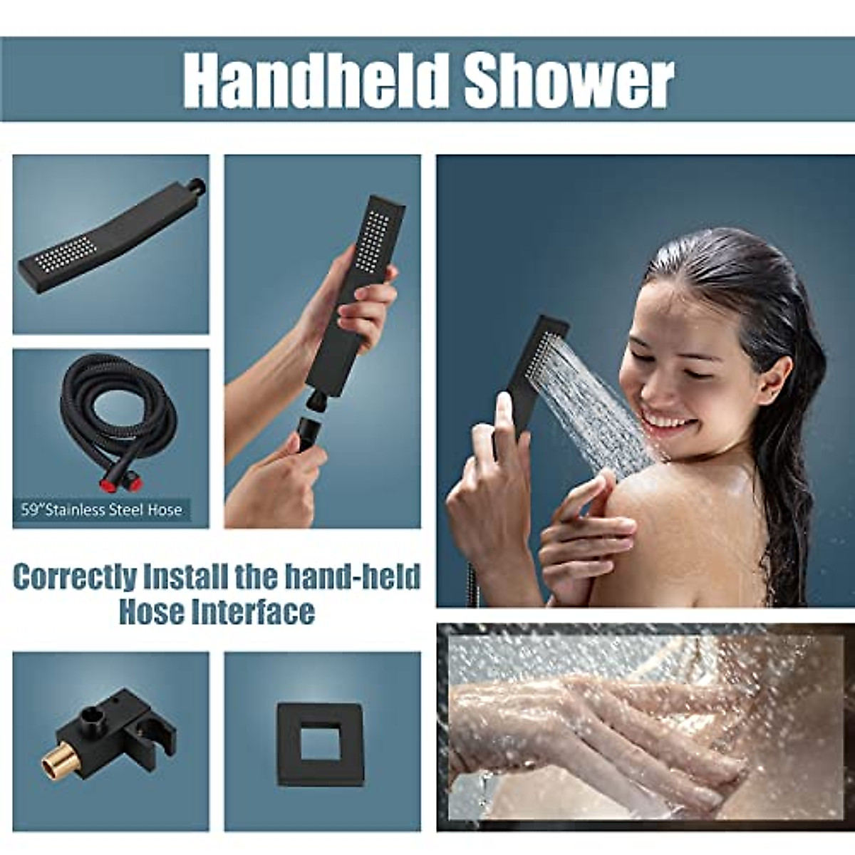 Aolemi Ceiling Mount Shower System, 12 Inch Rain Shower Head with Handheld Spray High Pressure Shower Faucet Set Rough-in Valve and Shower Trim Included Bathroom Matte Black Square Knob