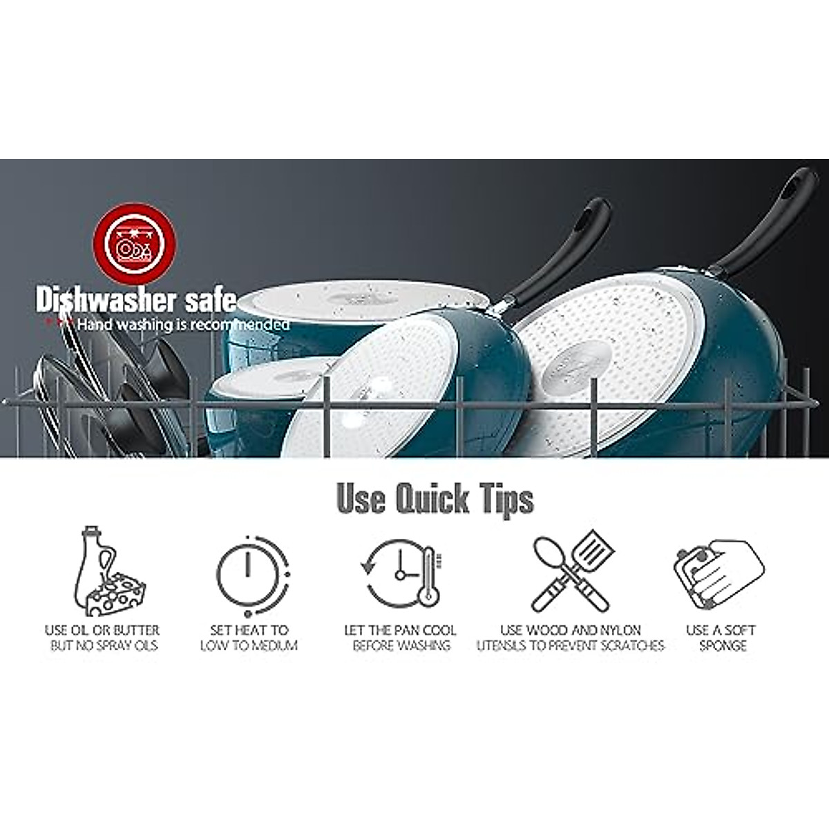 Cook N Home Nonstick Saute Fry Pan Set, 8, 9.5, and 11-Inch Kitchen Cooking Frying Saute Pan Skillet, Induction Compatible, Turquoise, 3-Piece