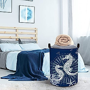 Clastyle 45L Waterproof Blue Seahorse Laundry Baskets for Clothes Collapsible Animal Storage Laundry Hamper with Drawstring, 14.2 * 17.7 in