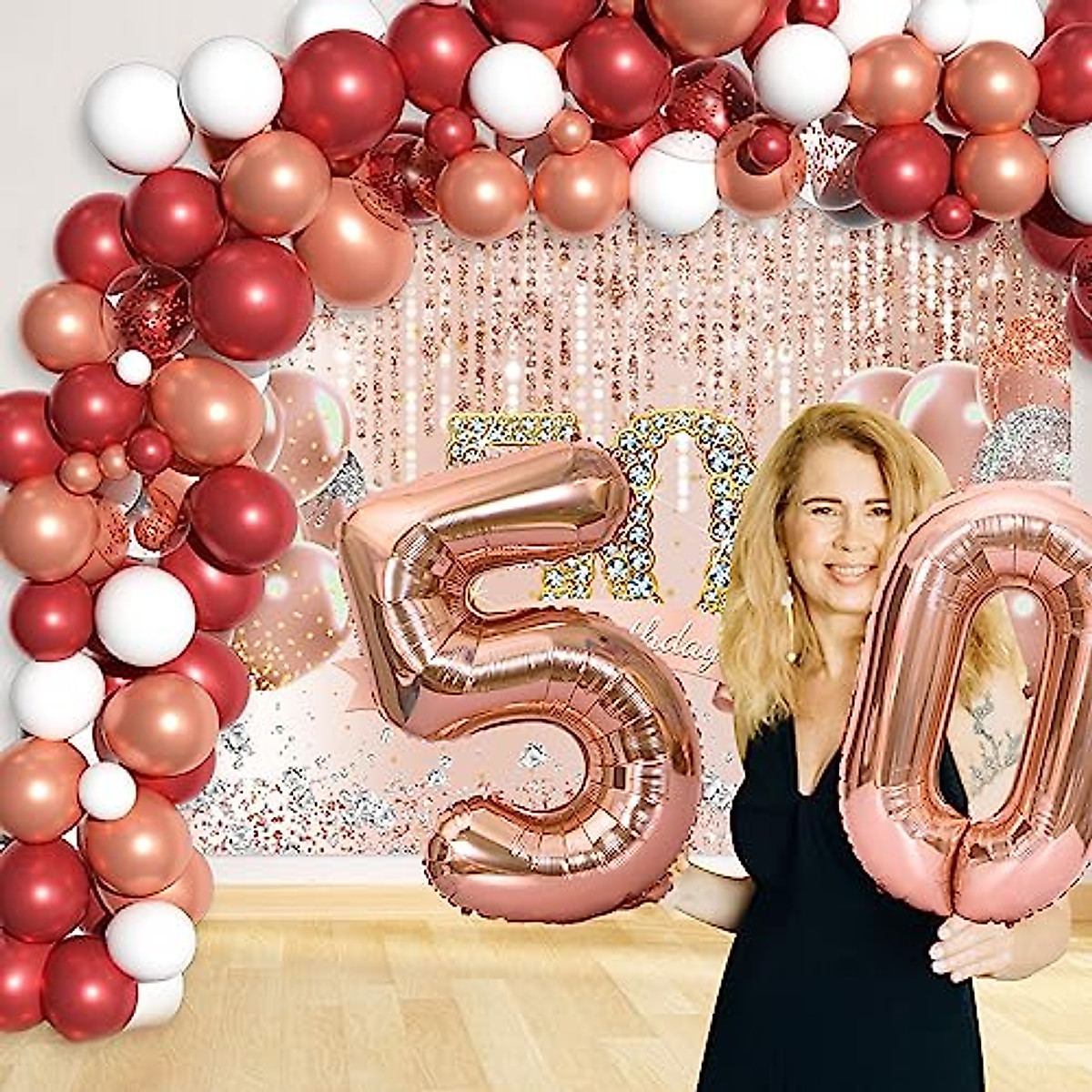 50th Birthday Decorations Women - Rose Gold Happy 50th Birthday Decor Include Balloon Garland Arch Kit,50th Birthday Backdrop,Tablecloth,Number 50 Foil Confetti balloon 50 Years Old Party Supplies
