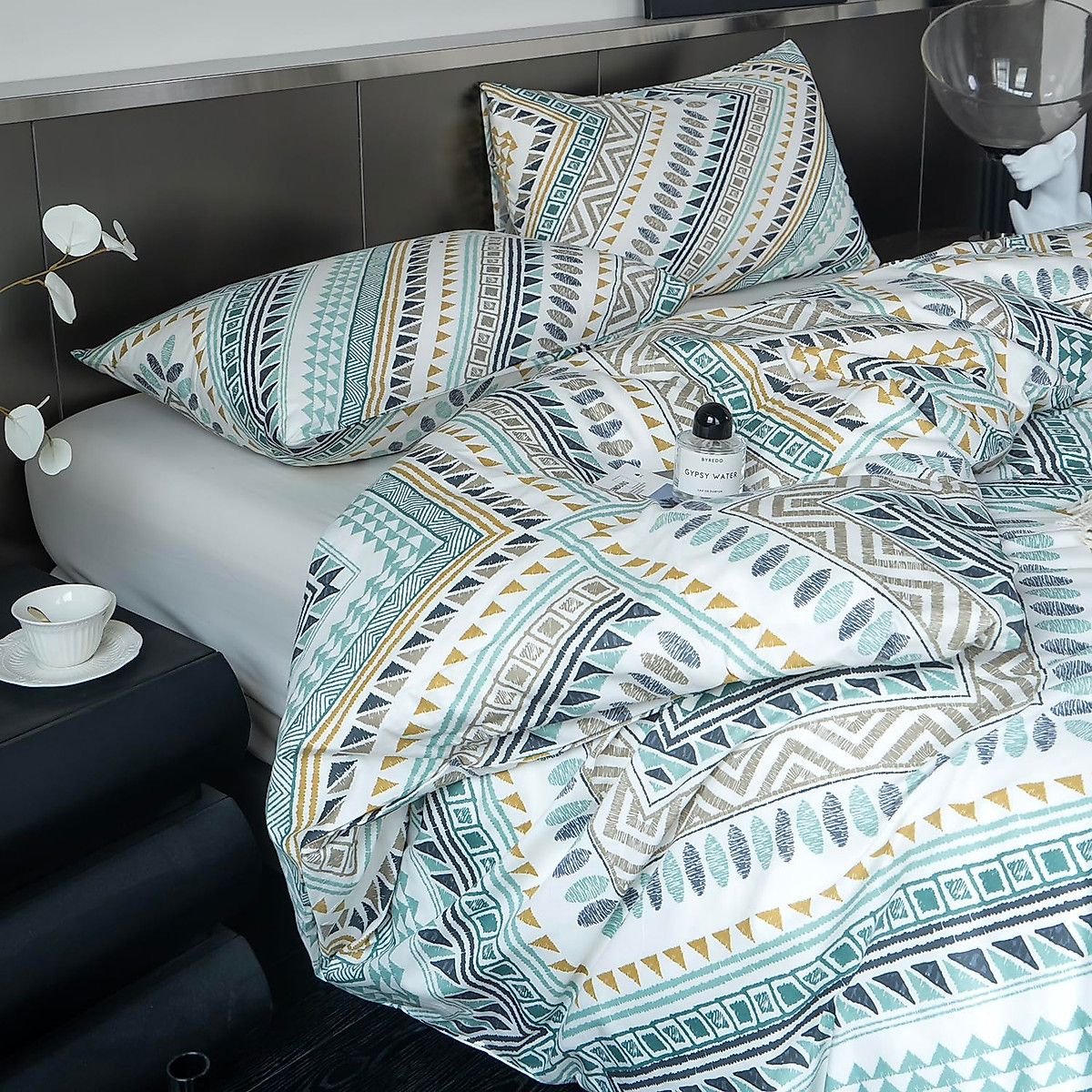 Boho Duvet Cover King, 3 Pieces Boho King Bedding Set, Ethnic Yellow White Green Louvre Bohemian Pattern Duvet Covers, 100% Cotton, Luxury Soft Breathable Comfy with Zipper Closure