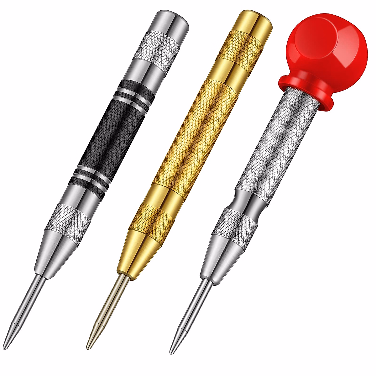 3 Pack Center Punch Spring Loaded Automatic Punch 5 Inches Crushing Hand Tool Center Hole Punch for Wood Metal Awl Puncher with Cushion Cap Adjustable Tension