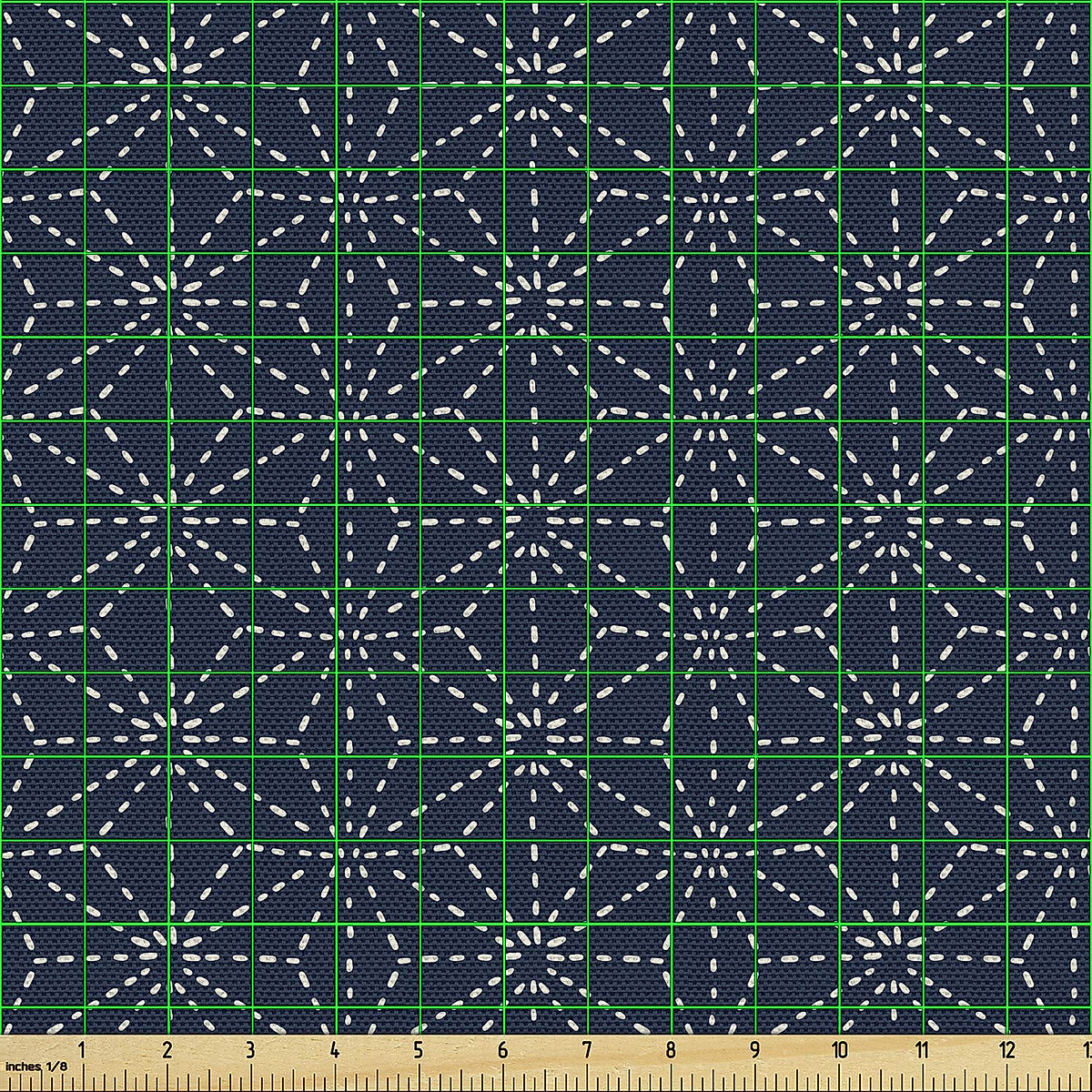 Lunarable Japanese Fabric by The Yard, Oriental Motifs with Dotted Lines Geometric Shapes on Blue Shade Backdrop, Decorative Fabric for Upholstery and Home Accents, Indigo and White