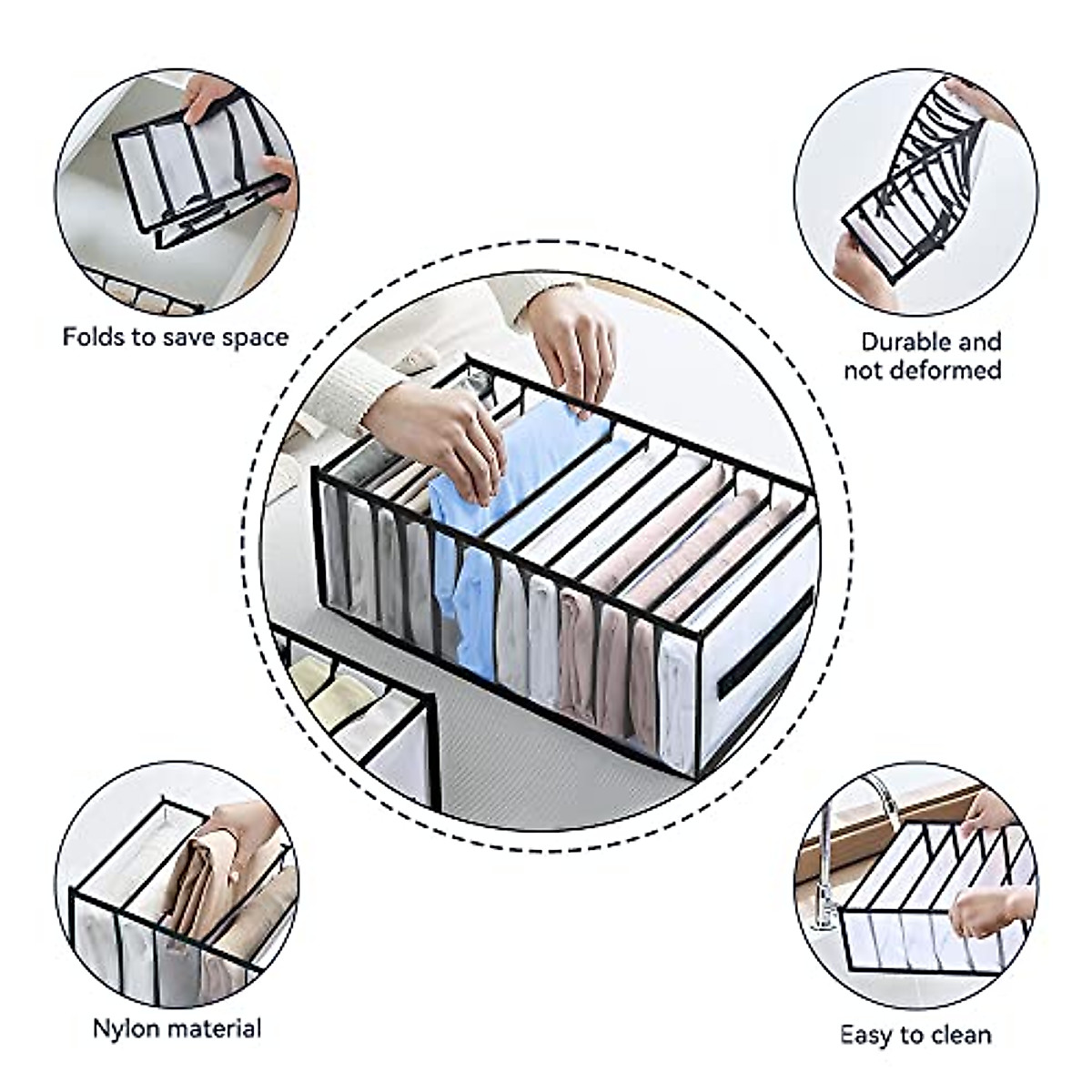 XJJX Closet Organizers and Storage, T-Shirt Organizer, Clothes Organizer, Wardrobe Clothes Organizer, Shirt Organizer for Closet, Clothes Storage Organizer for Shirts, Jeans, Pants(Black, 4 Pack)