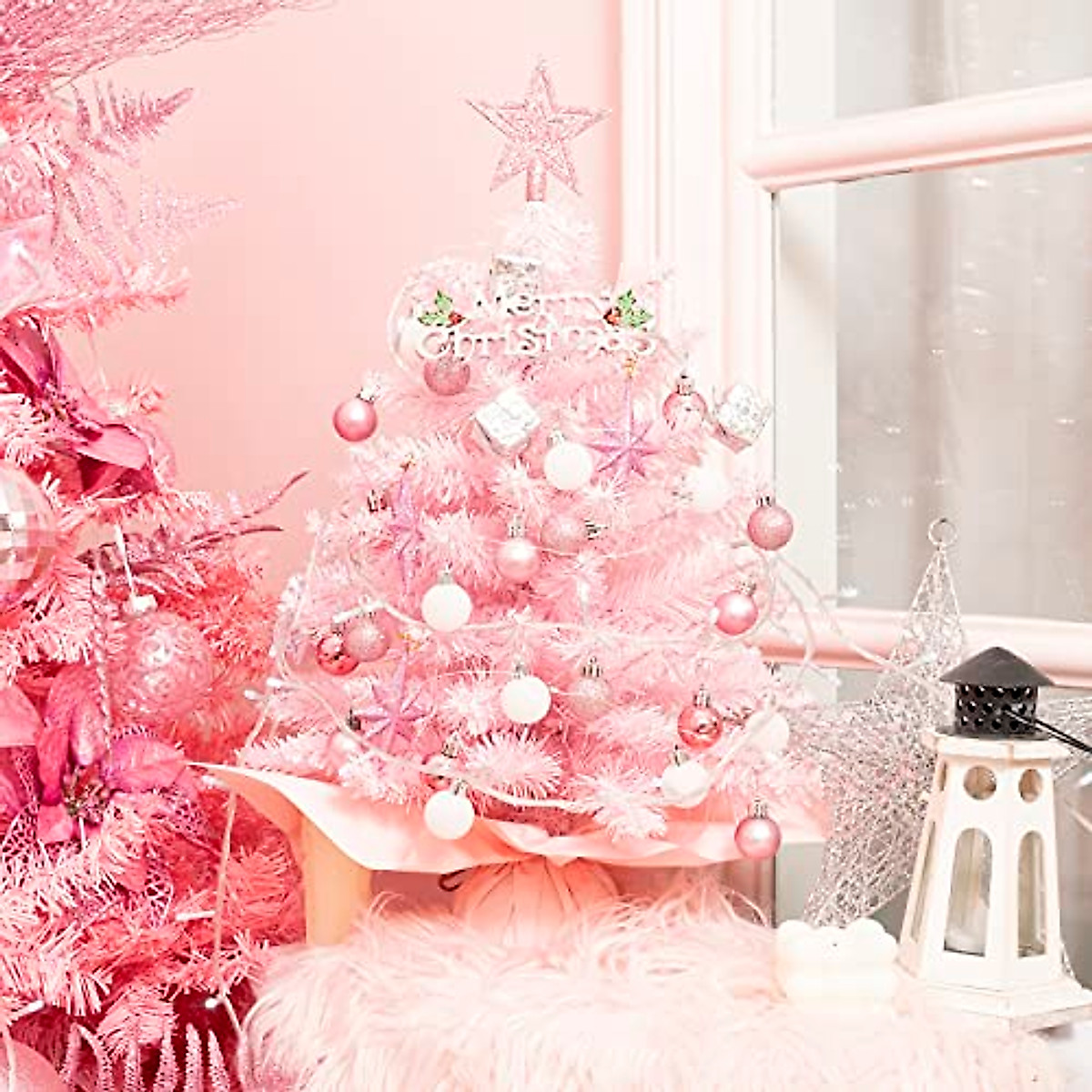 XmasExp 20in Mini Christmas Tree with Lights Pink Small Christmas Tree Artificial Tabletop Xmas Decor Holiday Decoration for Home, Office, Party