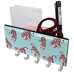 Leather Hook Rack Rail Wall Mounted, Pink Tige Pattern Blue Background Coat and Hat Self Adhesive Hooks up for Hanging Pant Towel Key Purse Kitchenware