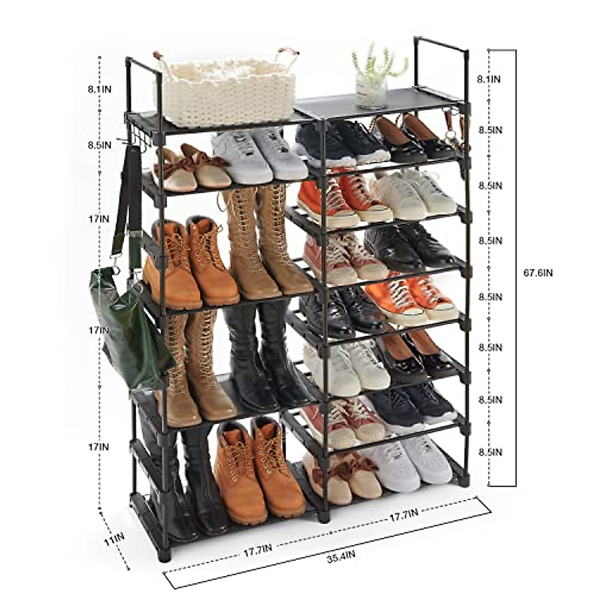 EXQ Home Black Metal Shoe Rack for Closet,8 Tiers Free Standing Shoe Racks for Entryway with Side Hooks,24-30 Pairs Shoe and Boots Shelf, Tall Shoe Organizer for College Dorm, Door and Garage