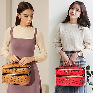 LACATTURA Double Layer Makeup Bag for Women, Leather Travel Toiletry Bag, Large Cosmetic Case with Adjustable Divider, Portable Make Up Organizer, Brush Holder, Beauty Storage Bags for Girls, Brown