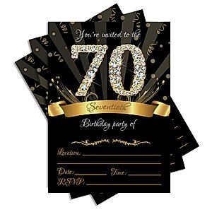 JT Studios 70th Birthday Party Invitations 5x7 Black & Gold Cards with Envelopes and Gold Metallic Pen (Pack of 25)