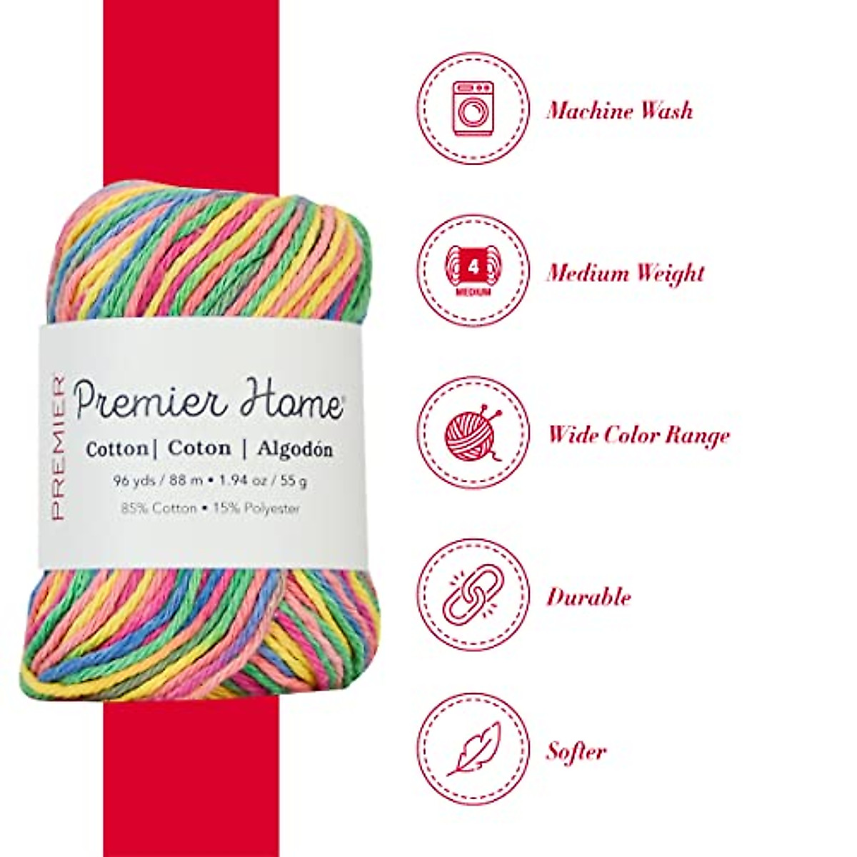 Premier Yarns Home Cotton Yarn, Ideal Knitting and Crochet Supplies, Made of Recycled Cotton, 96 yds, Rainbow
