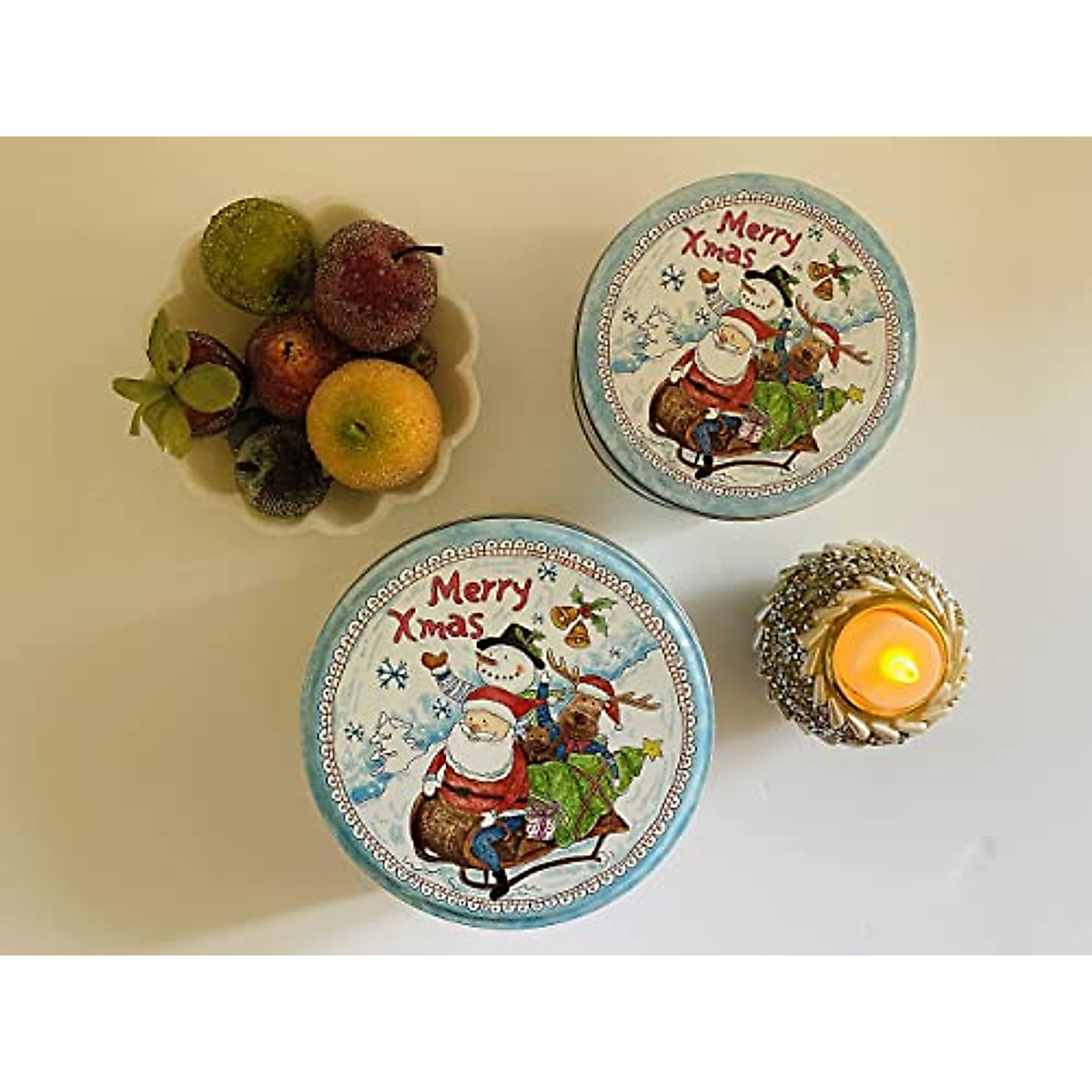 HADAAYA Round Merry Xmas Christmas Decorative Holiday Gifting tins, Set of 2. watercolor painted look with Santa, Snowman & Reindeer moose with Xmas tree