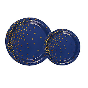 175PCS Disposable Cutlery Set for 25 Guests Blue and Gold Party Cutlery Set Includes Dinner Plate Salad Plate Napkin Cup Knife Fork Spoon for Birthday Party Wedding