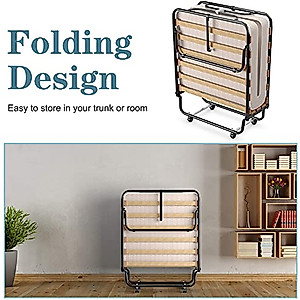 Renatone Folding Bed with Mattress, Portable Guest w/ 4 inch Memory Foam Sturdy Metal Frame, Rollaway Cot Size for Adults, Sleeper Bedroom, Living Room, Office, Camping Clear Small Single
