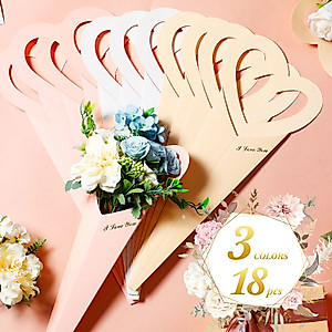 Teling 18 Pcs Single Flower Sleeve Love Heart Floral Bouquet Bags Paper Flower Wrapping Box Waterproof Packaging Bag with Ribbons for Flower Florist Gift, Pink, Rose Gold, White, 7.1 x 18 Inch