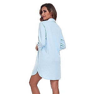 COLORFULLEAF 100% Cotton Nightgowns for Women 3/4 Sleeve Sleep Shirt Button Down Soft Sleepwear Night Dress S-XXL (Light Blue,M)