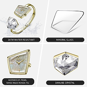 SAGA Illusion Women's Luxury Cuff Bangle Watch, Shaped Mineral Case, 316L Stainless Steel Bracelet with Danube Crystals, Swiss Ronda Quartz Movement, 30M Water Resistant