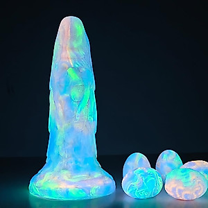 7.28'' Dragon Ovipositor Dildo with 5 Eggs, Adult Sex Toy for Women, Couples, Silicone Dildo with Hollow Tunnel with 5 Balls, Luminous Dildo Glow in The Dark - Small Luminous Egg