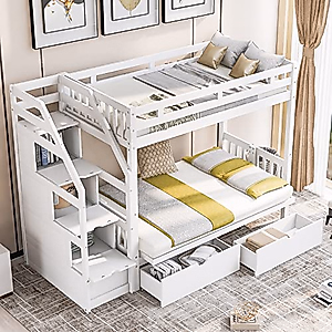 Twin Over Full Futon Bunk Beds with Stairs and Storage Drawers Convertible Wood Bunk Bed Frame Couch and Bed for Kids Boys Girl Adults Teens Dorm, White