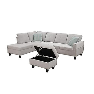L-Shaped Modular Sectional Sofa Couch with Right Chaise, 5 Seaters Faux Leather Upholstered Corner Sofa&Couch W/2 Cup Holders and Storage Ottoman for Home Apartment Office Living Room Furniture Sets